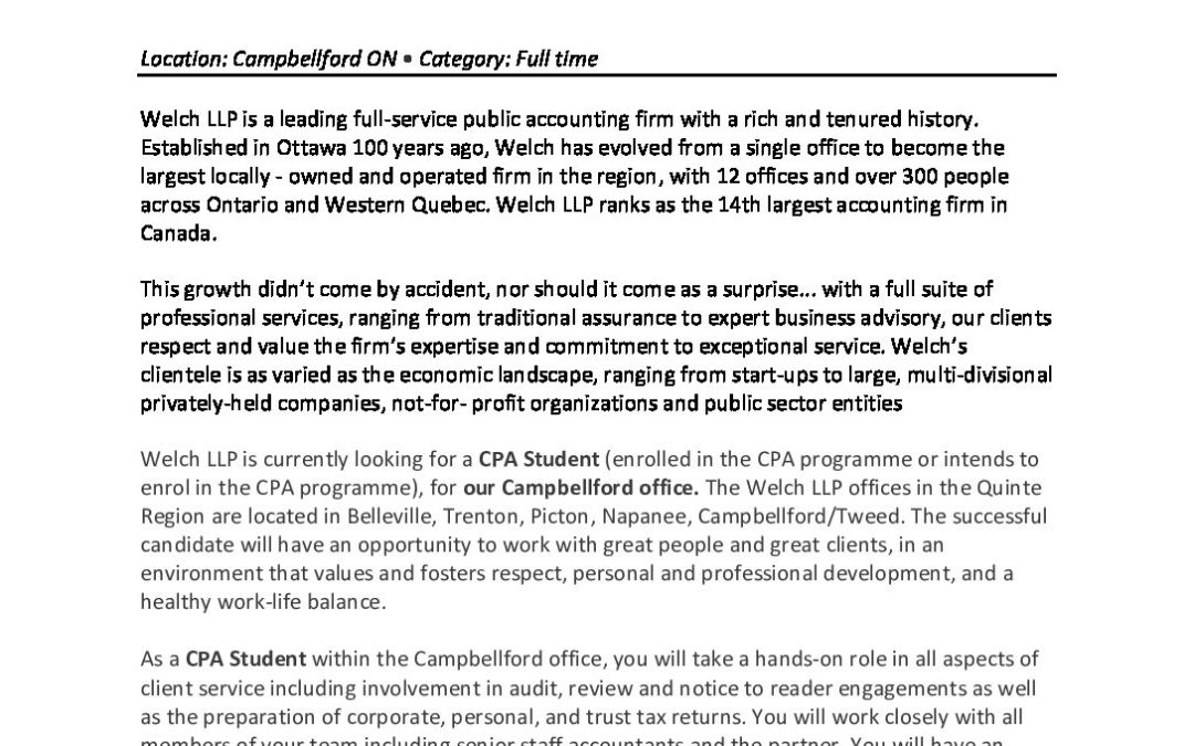 CPA Student – Campbellford – April 2021 | META Services
